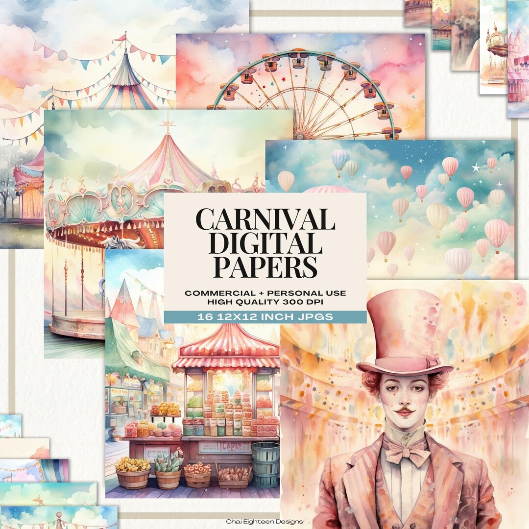 Pastel Carnival Digital Paper Pack, Vintage Circus Watercolor ...