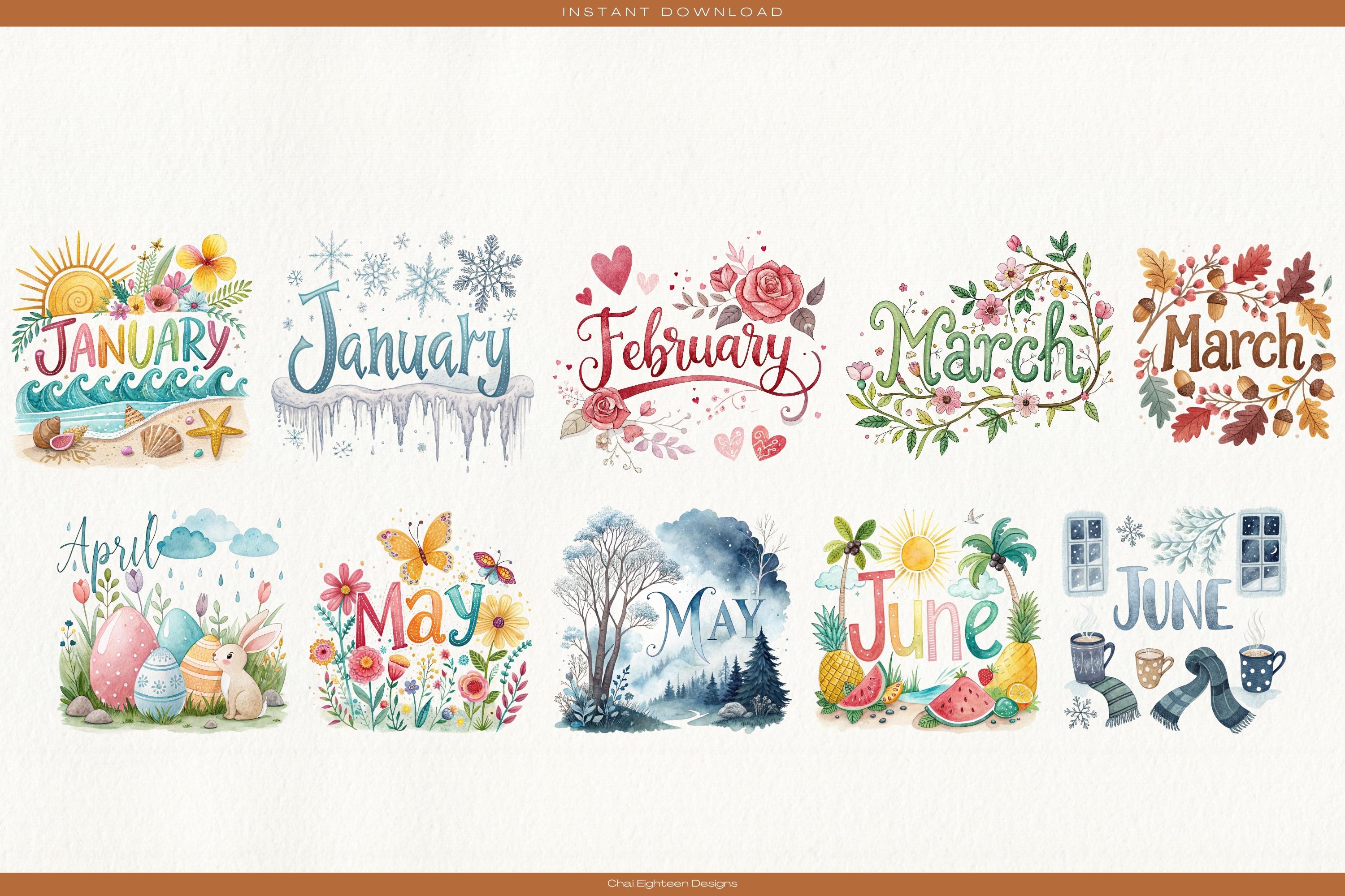 Months of the Year Clipart, Whimsical Seasonal Calendar Png, Digital ...