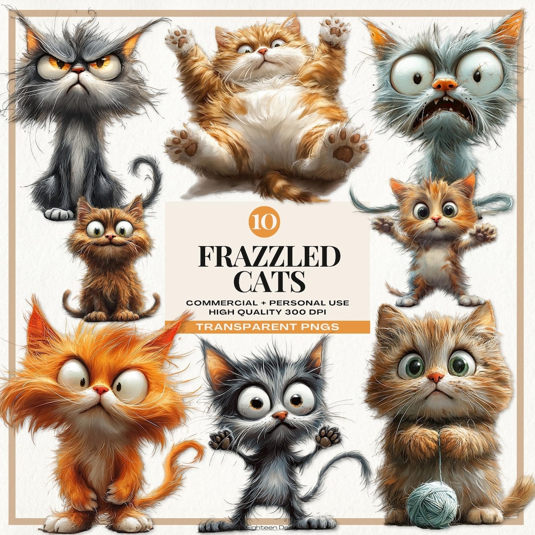 Frazzled Cat Clip Art, Stressed Cat Illustrations, Funny Feline Designs ...