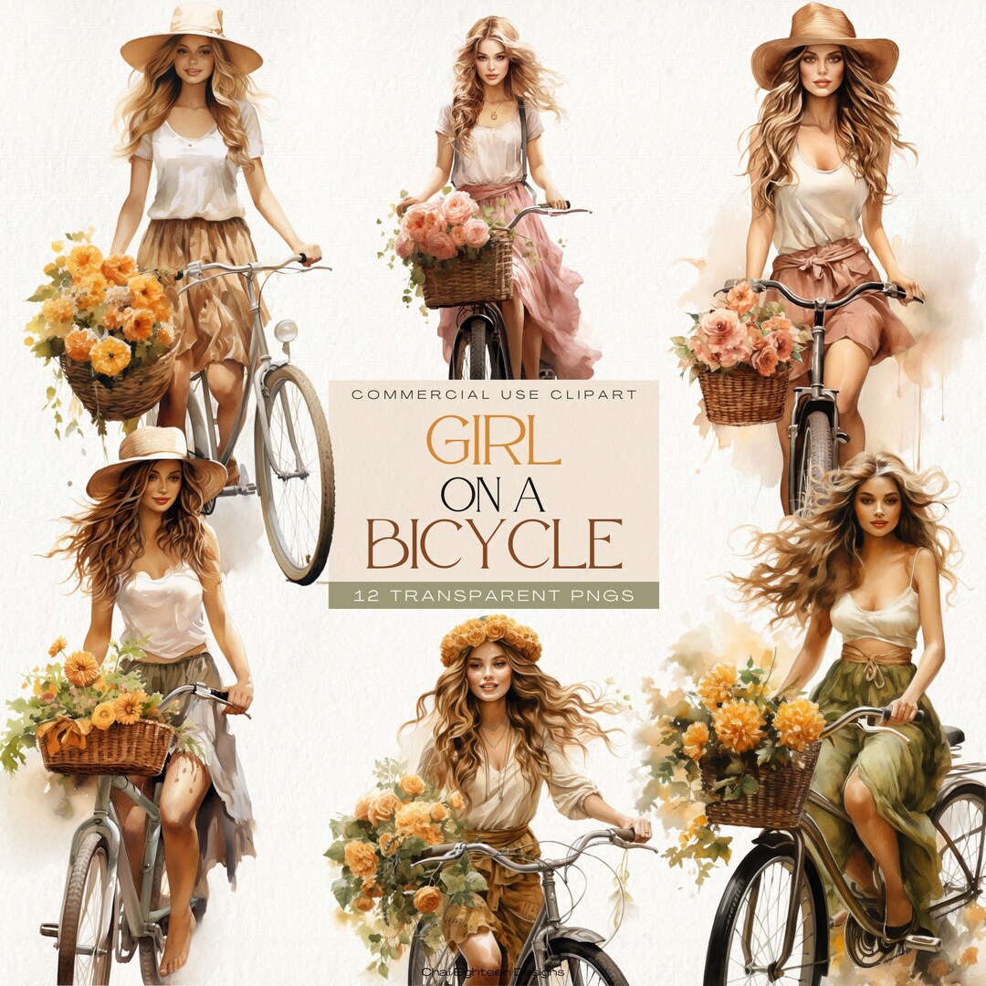 Girl on Bicycle Clipart, Bicycle Ride Design, Watercolor Floral Baskets ...