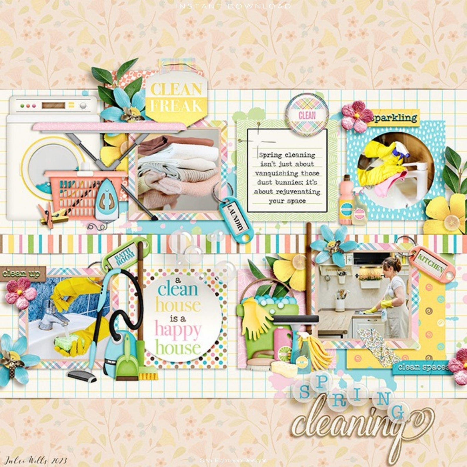 Pastel Spring Cleaning Digital Scrapbook Bundle, Laundry & Housekeeping ...