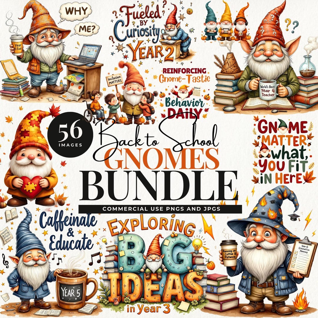 Back to School Gnomes Clipart Bundle PNG, 56 Educational Gnome Graphics ...