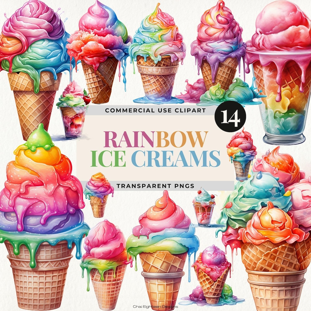 Rainbow Ice Cream Clipart PNG, Dripping Ice Cream Designs, Colorful ...