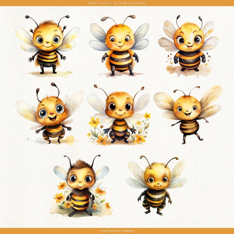 Cute Honey Bee Clipart Set, 8 Watercolor Bees With Flowers, Bumble Bee ...