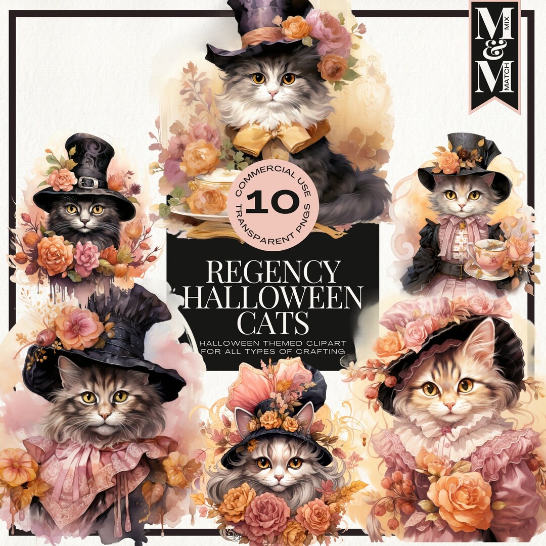 Regency Era Themed Halloween Cats Clipart, Autumn and Fall Images ...