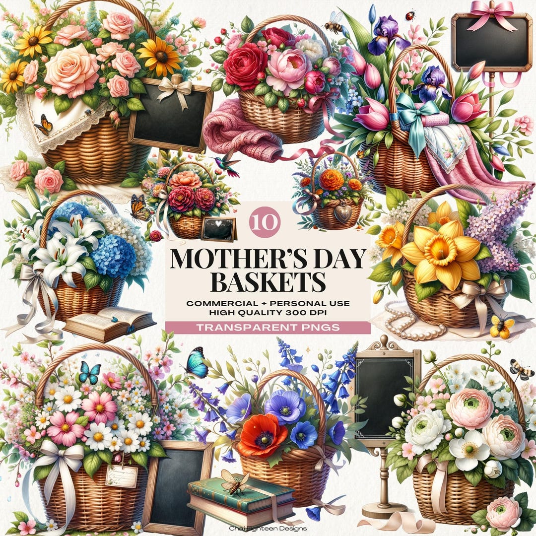 Mother’s Day Flower Baskets PNG Bundle, Mother's Day Gift Clipart ...