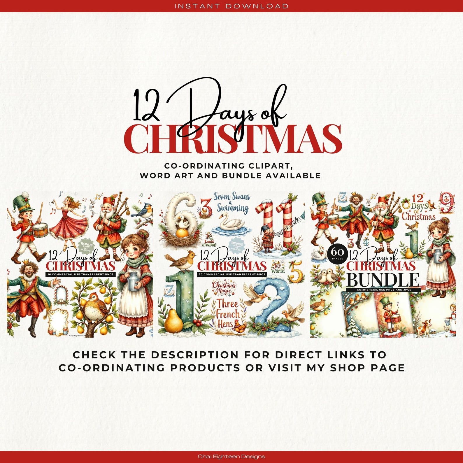 12 Days of Christmas Digital Paper Pack, Vintage Holiday Jpgs ...
