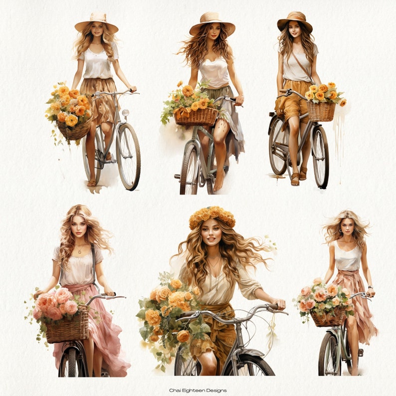 Girl on Bicycle Clipart, Bicycle Ride Design, Watercolor Floral Baskets ...