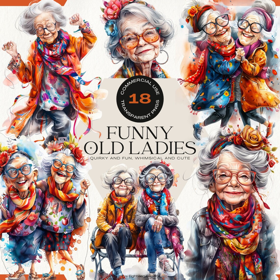 Funny Old Ladies Clipart, Watercolor Cartoon Grandma Png, Cheerful ...