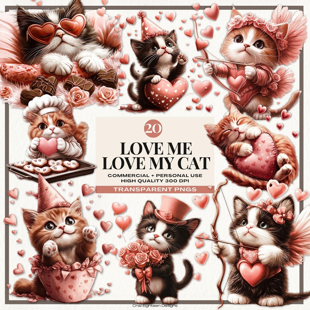 Watercolor Cute Valentine Kitten Clipart, Funny Cat PNG, Sublimation ...