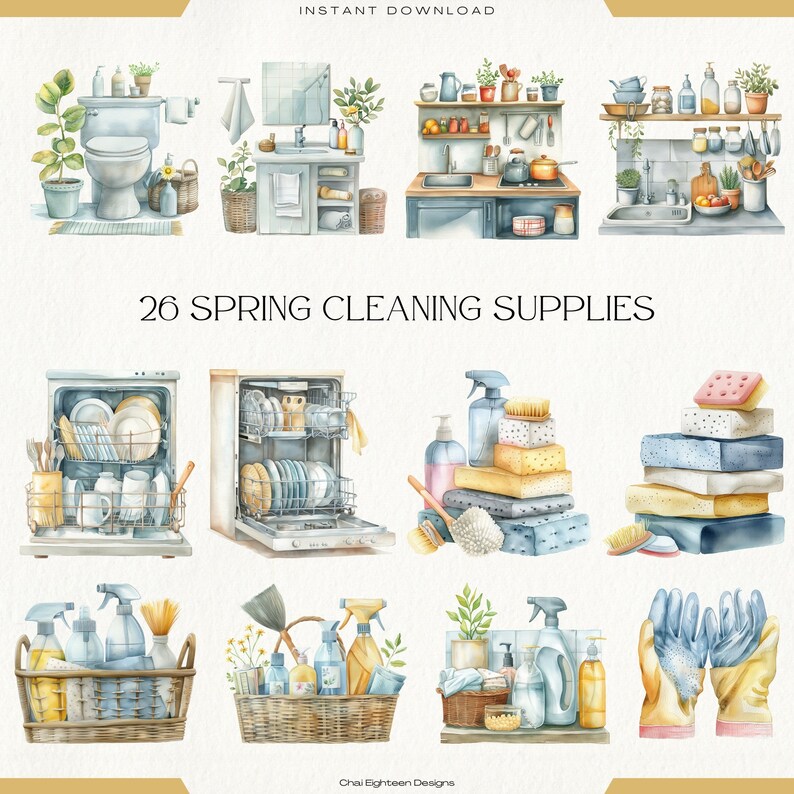 Spring Clean Clipart, Watercolor Housekeeping Clip Art, Cleaning ...
