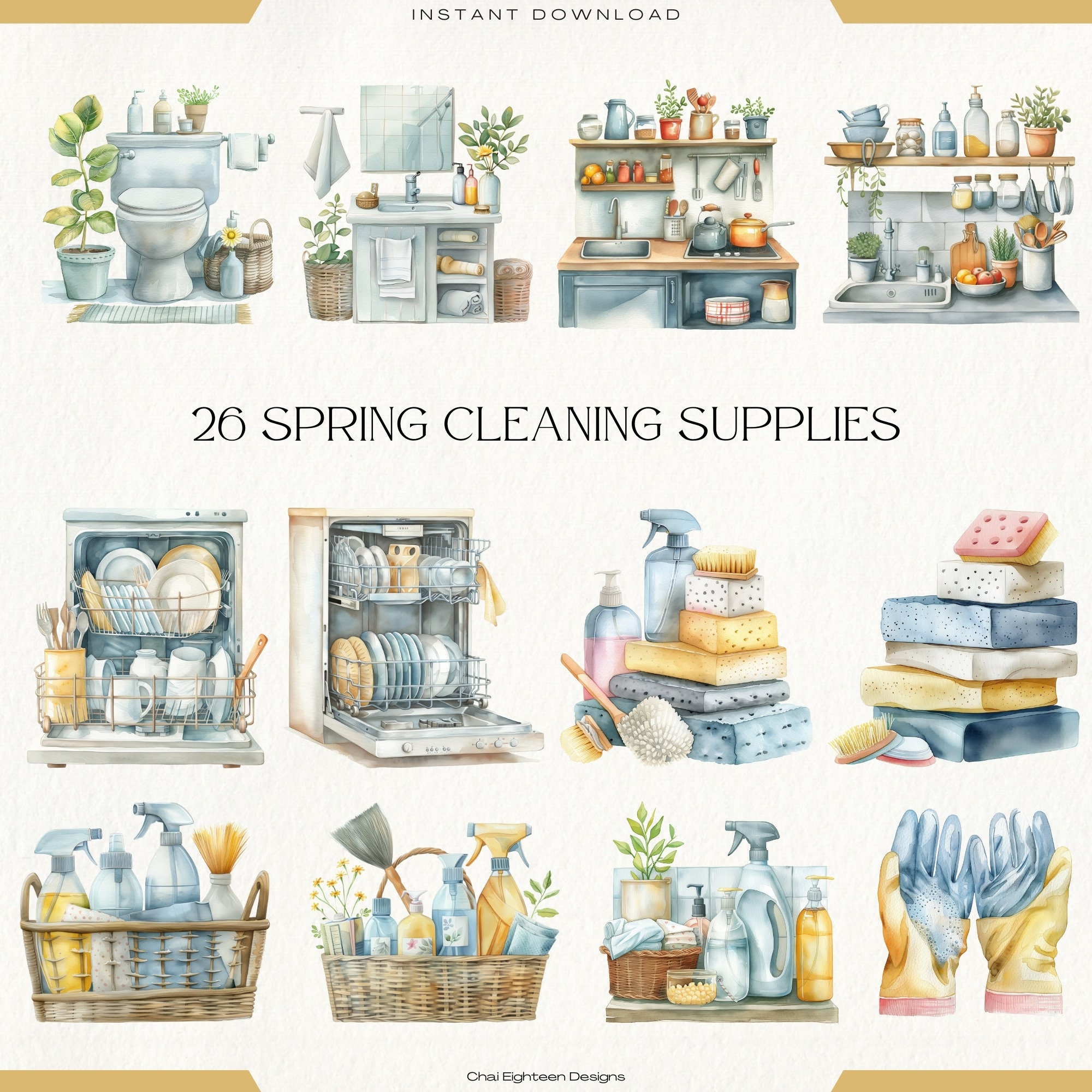 Spring Clean Clipart, Watercolor Housekeeping Clip Art, Cleaning ...
