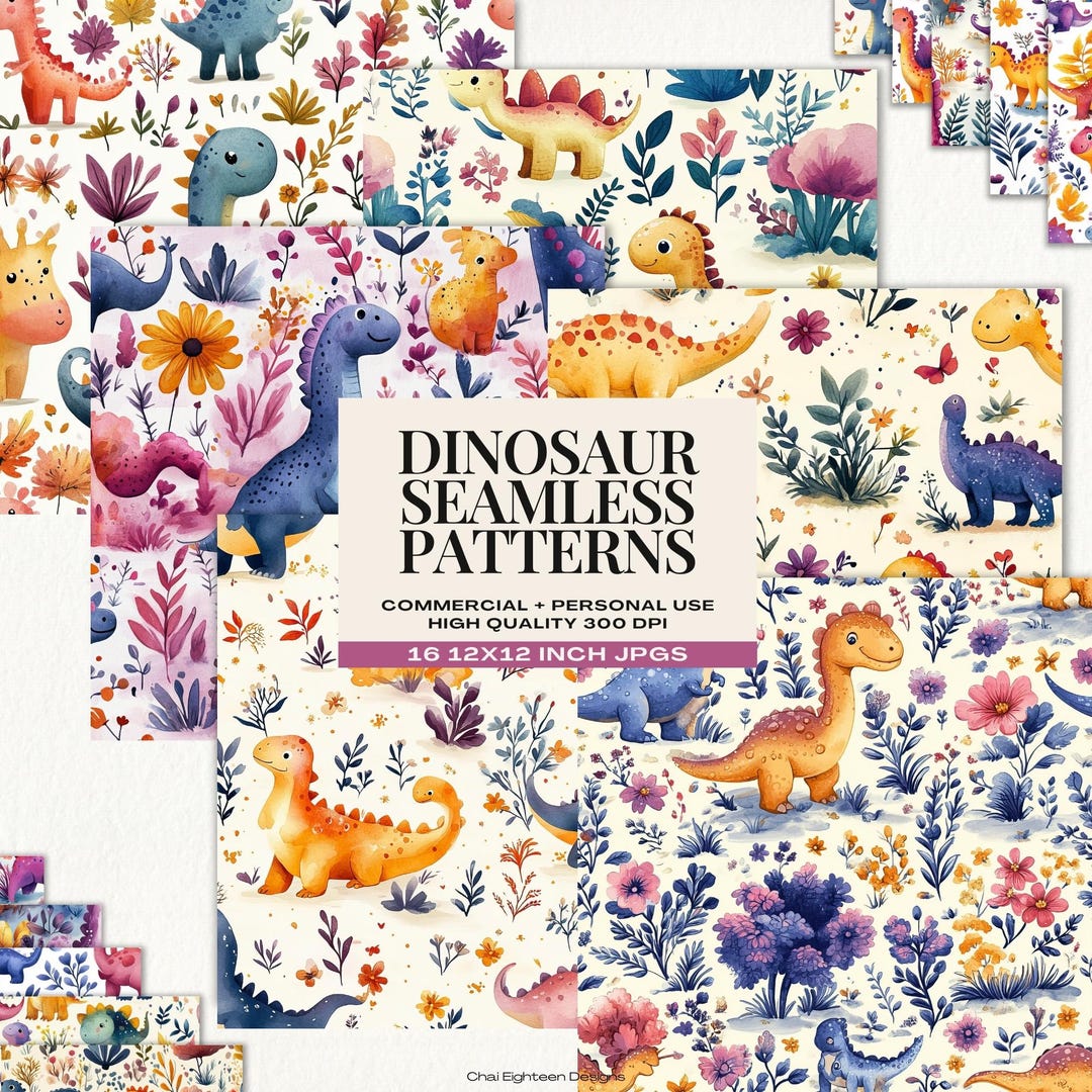 Girly Dinosaur Digital Papers, Dinosaur Seamless Pattern, Cute Dino ...
