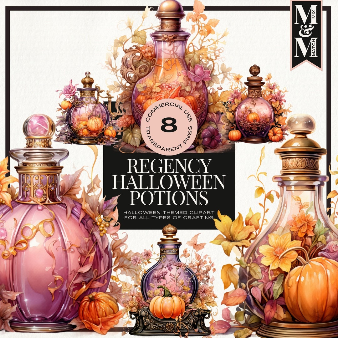 Halloween Potion Bottles Clipart, Vintage Fall Décor, Boho Witch Junk ...