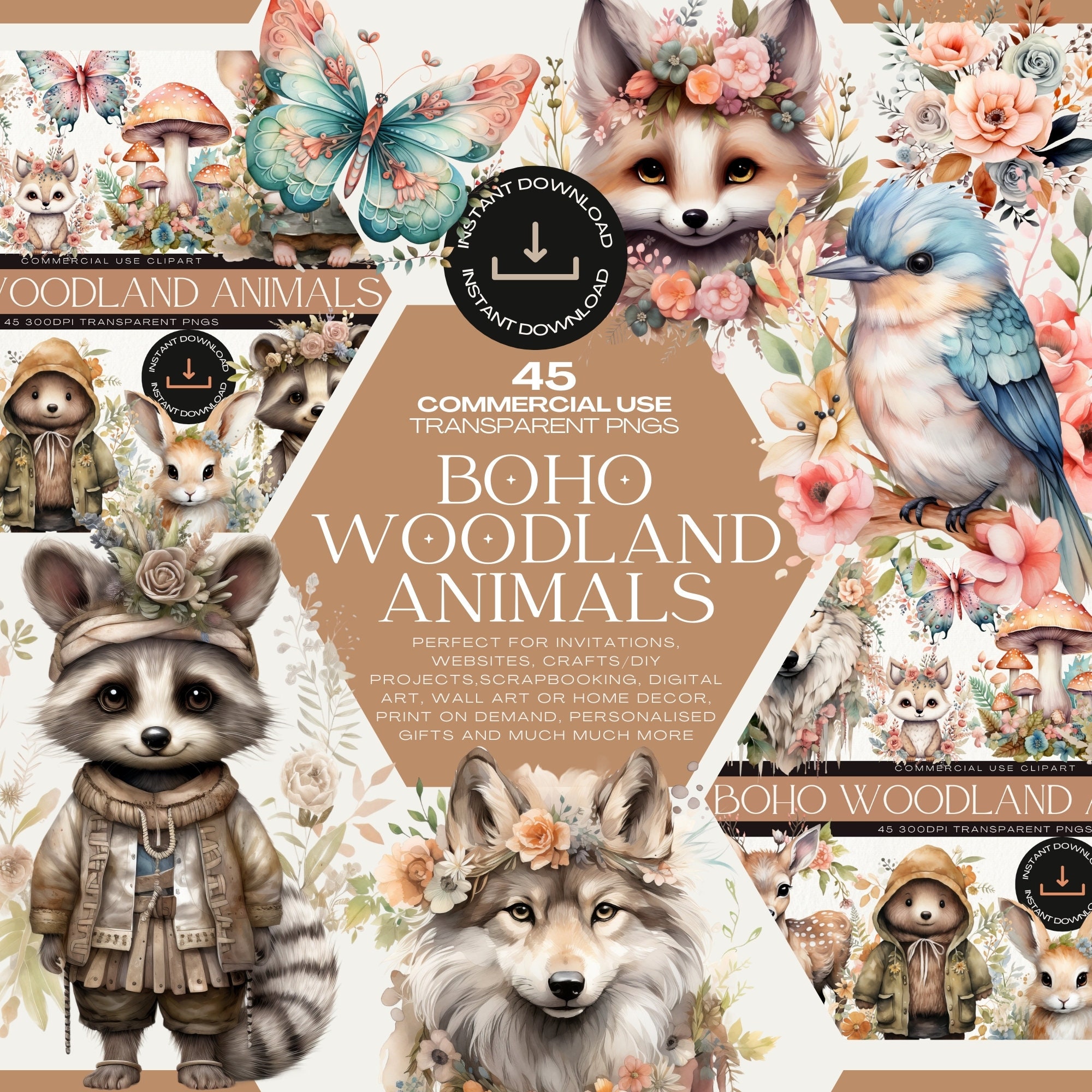 Boho Woodland Animal Clipart, Cute Forest Animals, Woodland Baby Shower ...