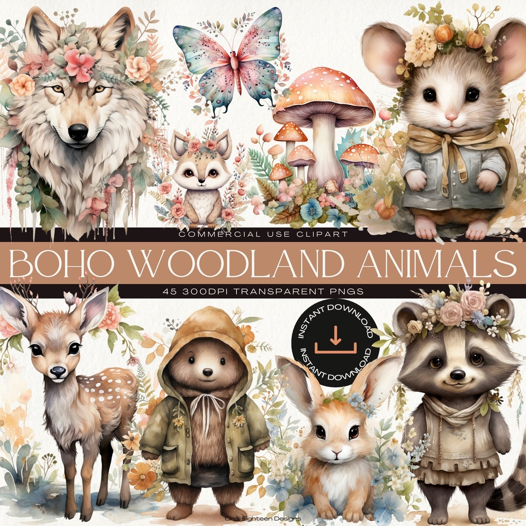 Boho Woodland Animal Clipart, Cute Forest Animals, Woodland Baby Shower ...