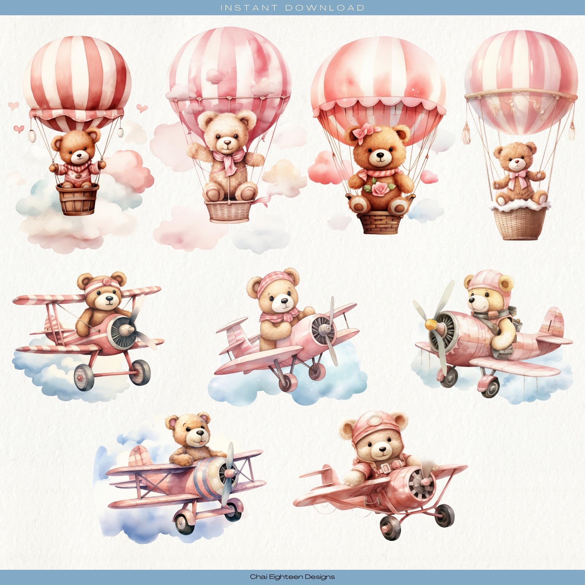 Flying Bear Clipart, Watercolor Pink Teddy Bear, Hot Air Balloon, Cute ...