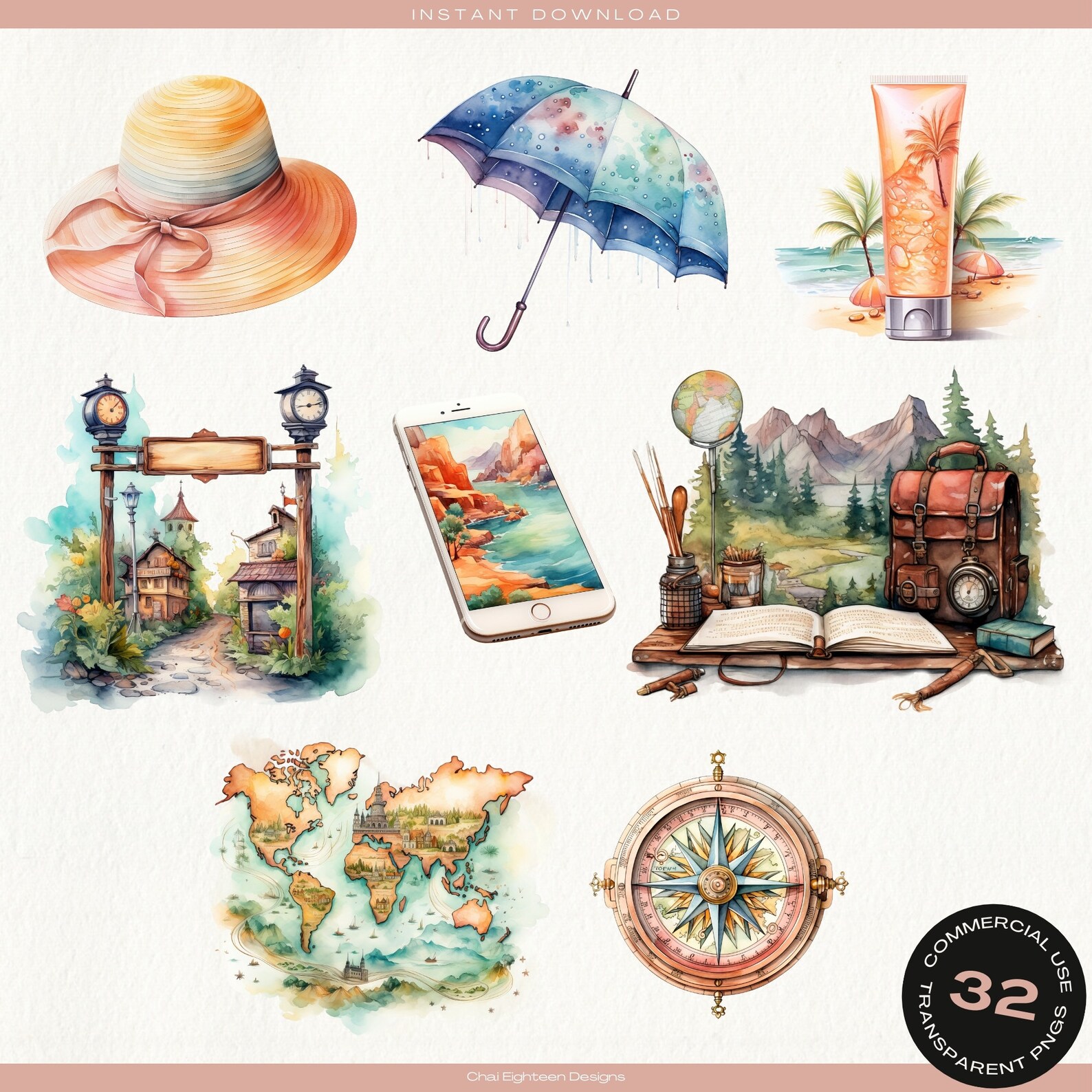 Watercolor Travel Clipart, Vacation Globe Clip Art, Summer Vacation ...