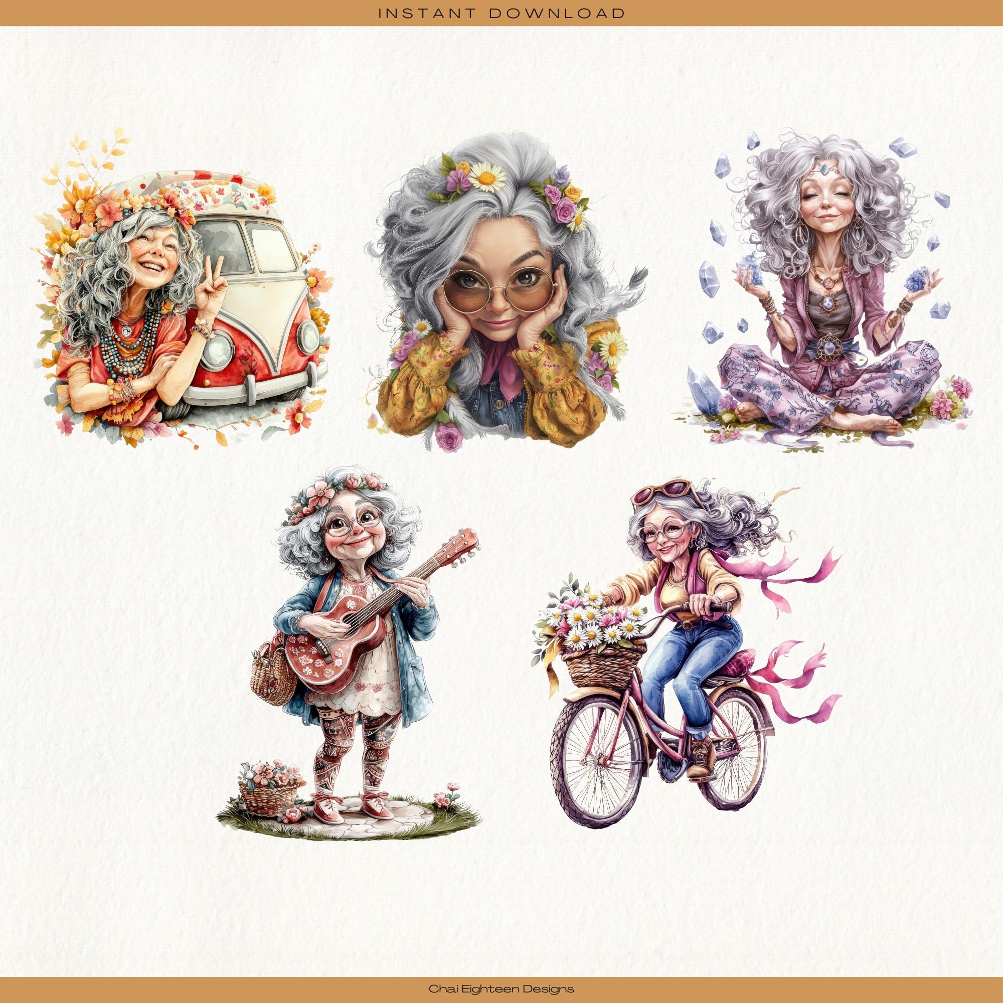 Old Hippie Lady PNG Bundle, Boho Granny Clipart, Groovy Senior Women ...