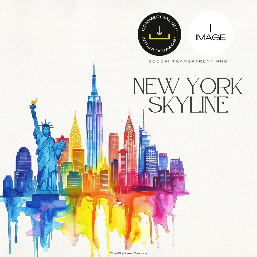 New York Skyline Watercolor Clipart Manhattan Landscape Art Travel ...