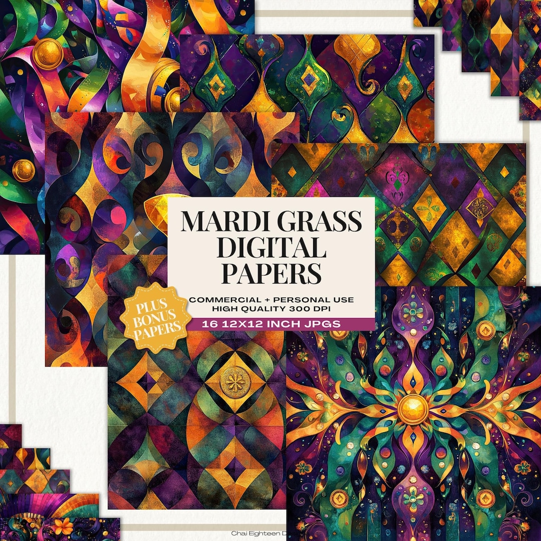 Mardi Gras Themed Digital Papers, Fat Tuesday Backgrounds, Vibrant ...
