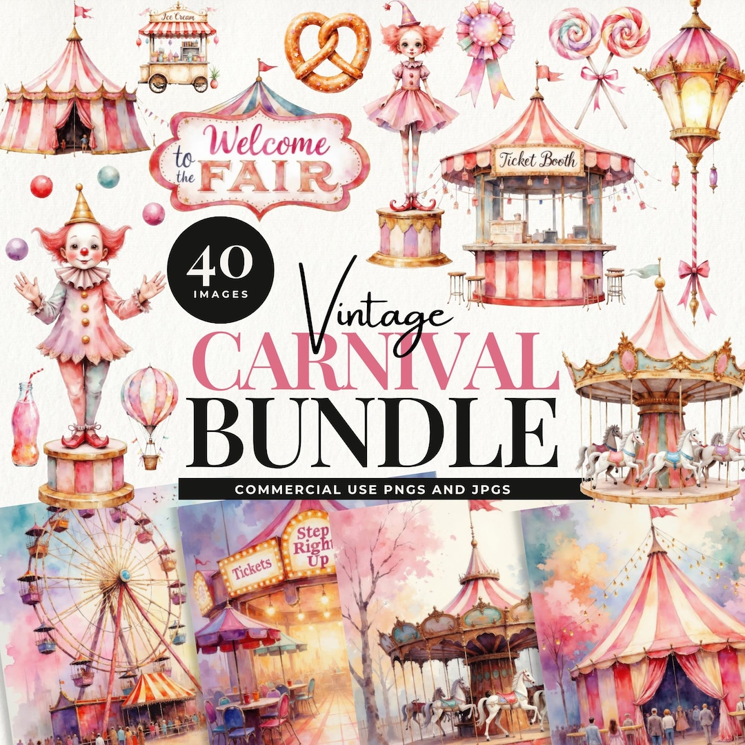 Vintage Carnival Clipart & Digital Paper Bundle: Watercolor Circus ...