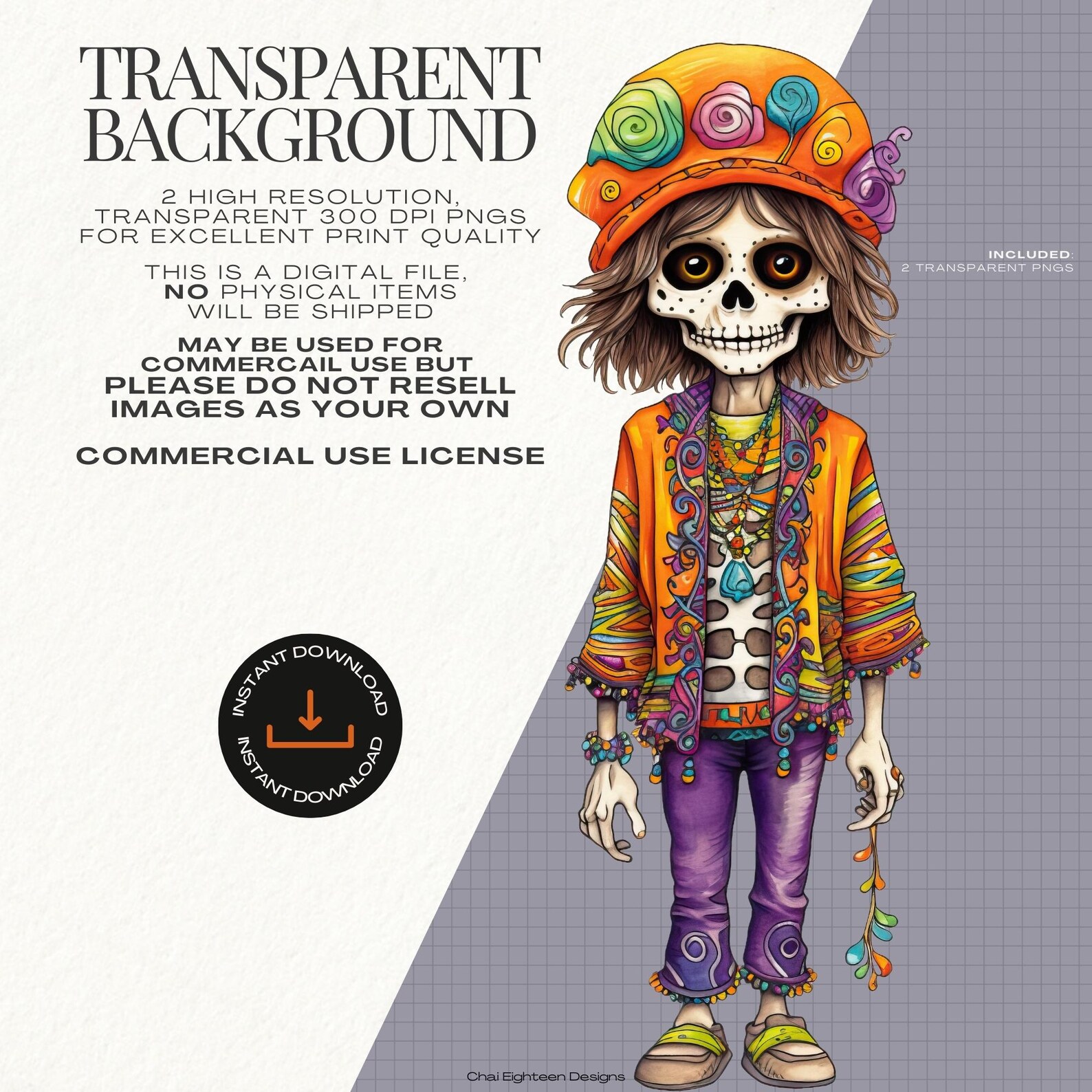 Hippie Halloween Clipart, Skeleton Hippie Boy PNG With Bonus Image ...