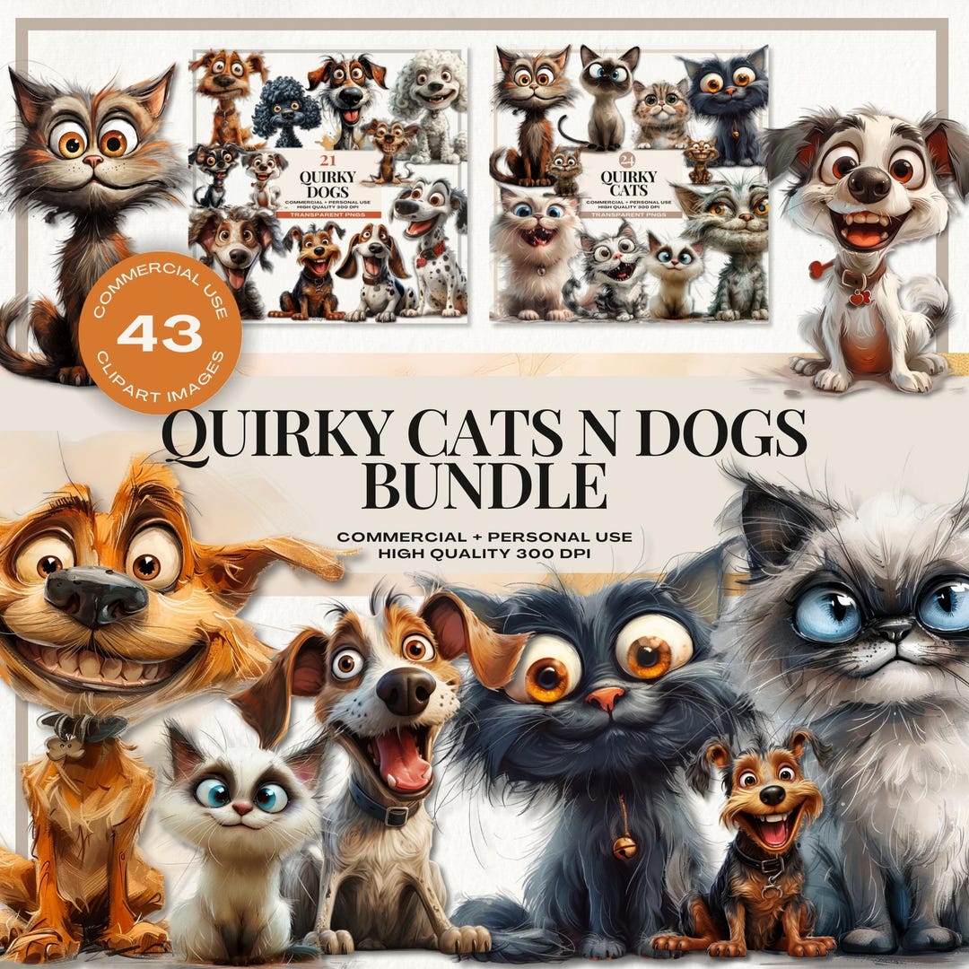 Quirky Cat and Dog Clipart Bundle, Whimsical Cats and Dogs Clip Art ...