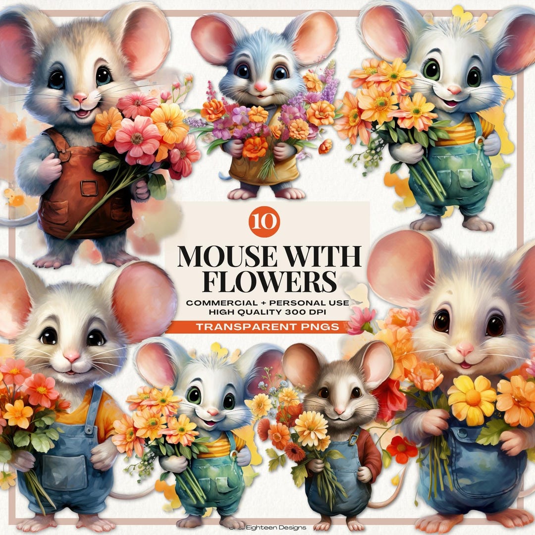 Mouse and Flower Clipart, Nursery Décor, Cute Mouse Clipart, Adorable ...