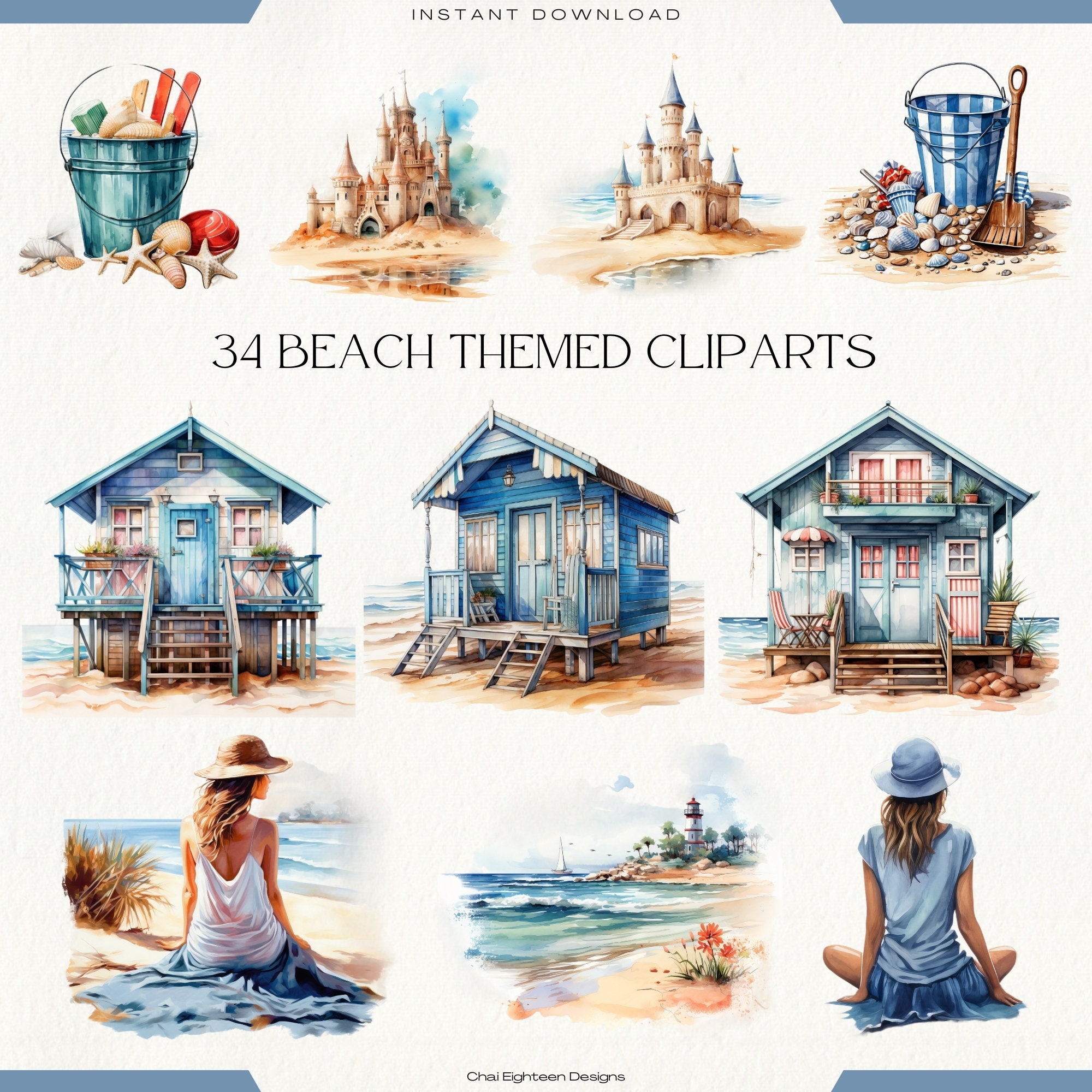 Preppy Beach Clipart, Watercolor Beach Day Collection, Vacation Images ...