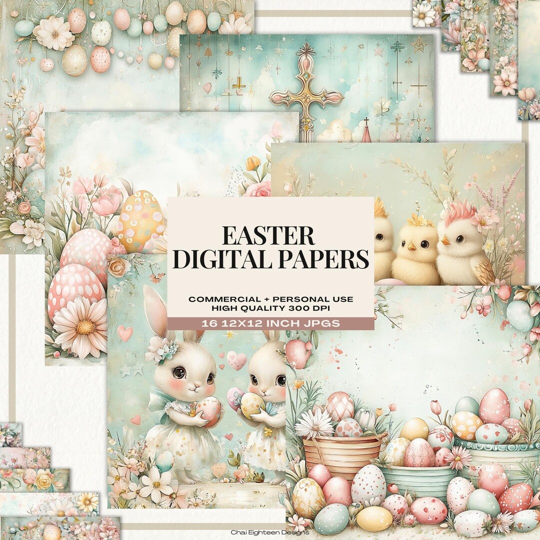 Pastel Easter Digital Paper Pack, Cute Bunny and Chick Backgrounds ...