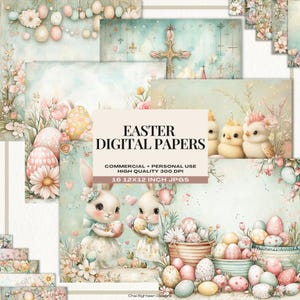 Pastel Easter Digital Paper Pack, Cute Bunny and Chick Backgrounds, Pastel Easter Egg Pages ...