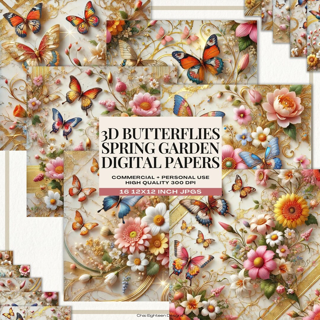 Butterfly and Bloom Digital Papers, Spring Time Scrapbook Background ...