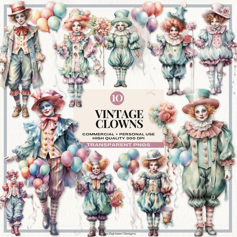 Vintage Clown Watercolor Clipart Clown Illustration Vintage Carnival ...
