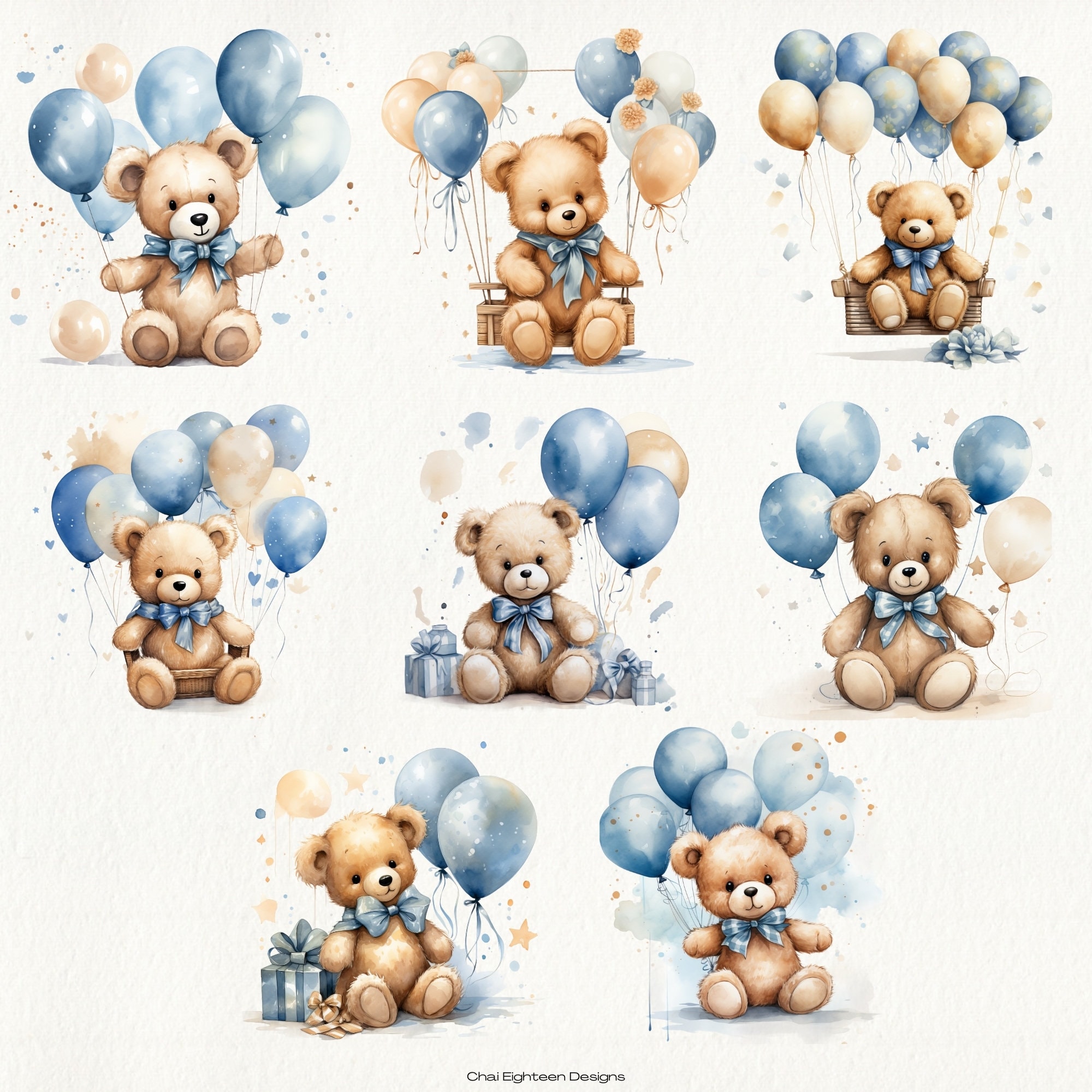 Bear and Blue Balloons Clipart, Nursery Teddy Bear Clip Art, Baby Bear ...