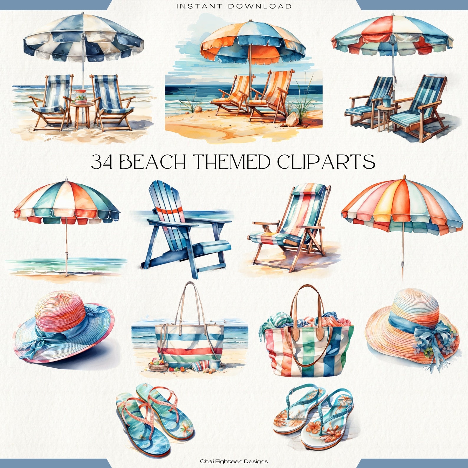 Preppy Beach Clipart, Watercolor Beach Day Collection, Vacation Images ...