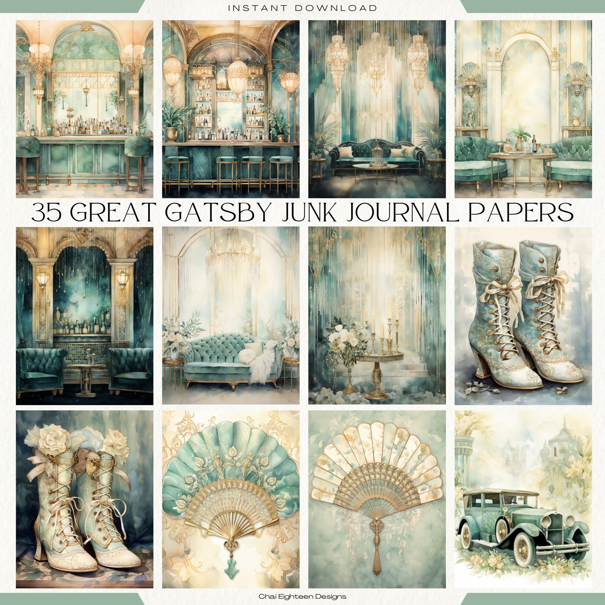 Teal and Gold Junk Journal, Roaring Twenties Art Journal Pages, Great ...