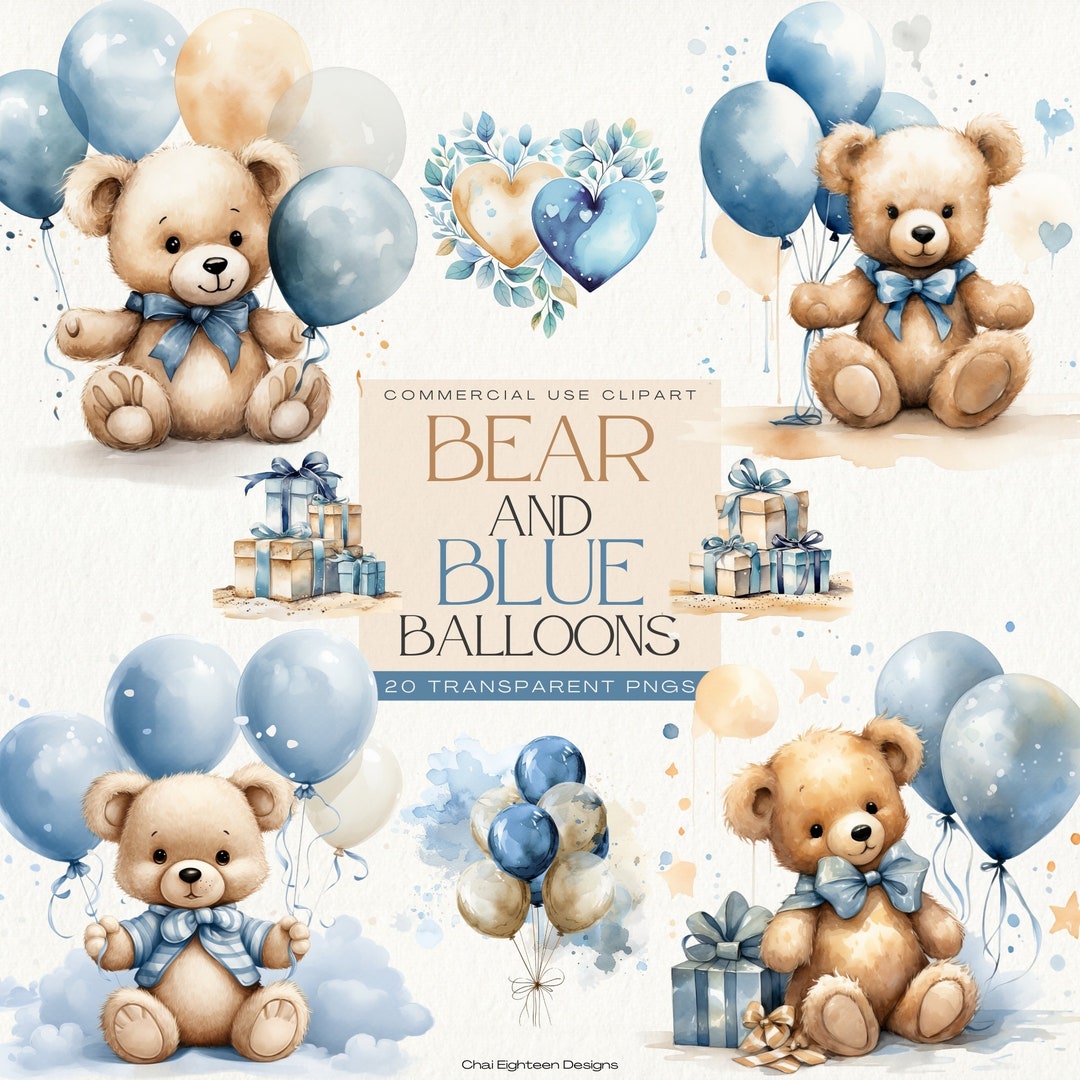 Bear and Blue Balloons Clipart, Nursery Teddy Bear Clip Art, Baby Bear ...