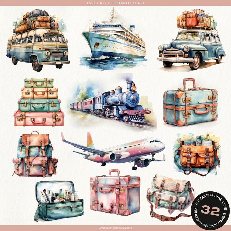 Watercolor Travel Clipart, Vacation Globe Clip Art, Summer Vacation ...