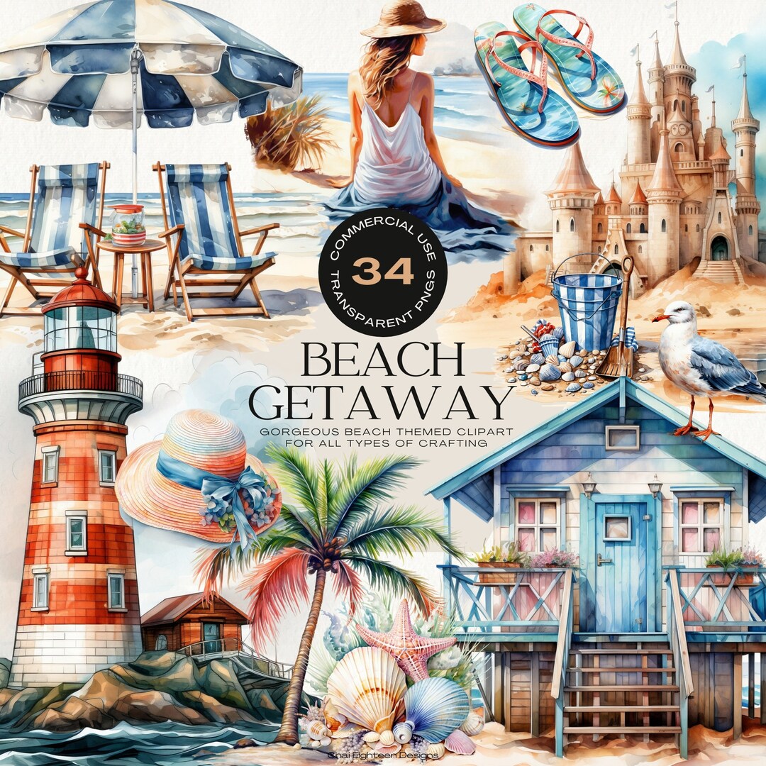 Preppy Beach Clipart, Watercolor Beach Day Collection, Vacation Images ...