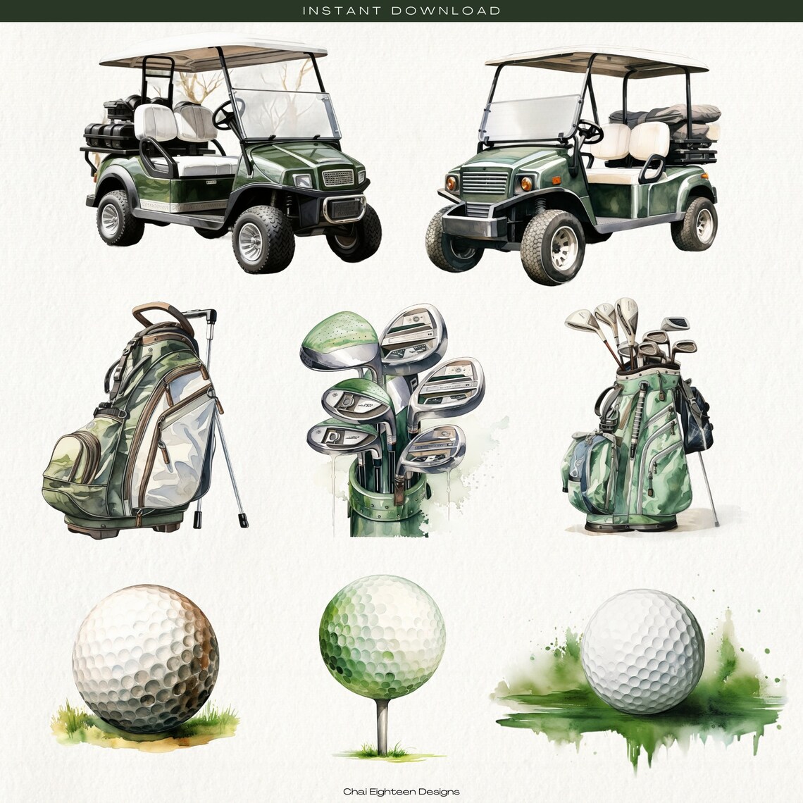 Watercolor Golf Clipart, Golf Cart PNG, Golf Club Clip Art, Golf ...