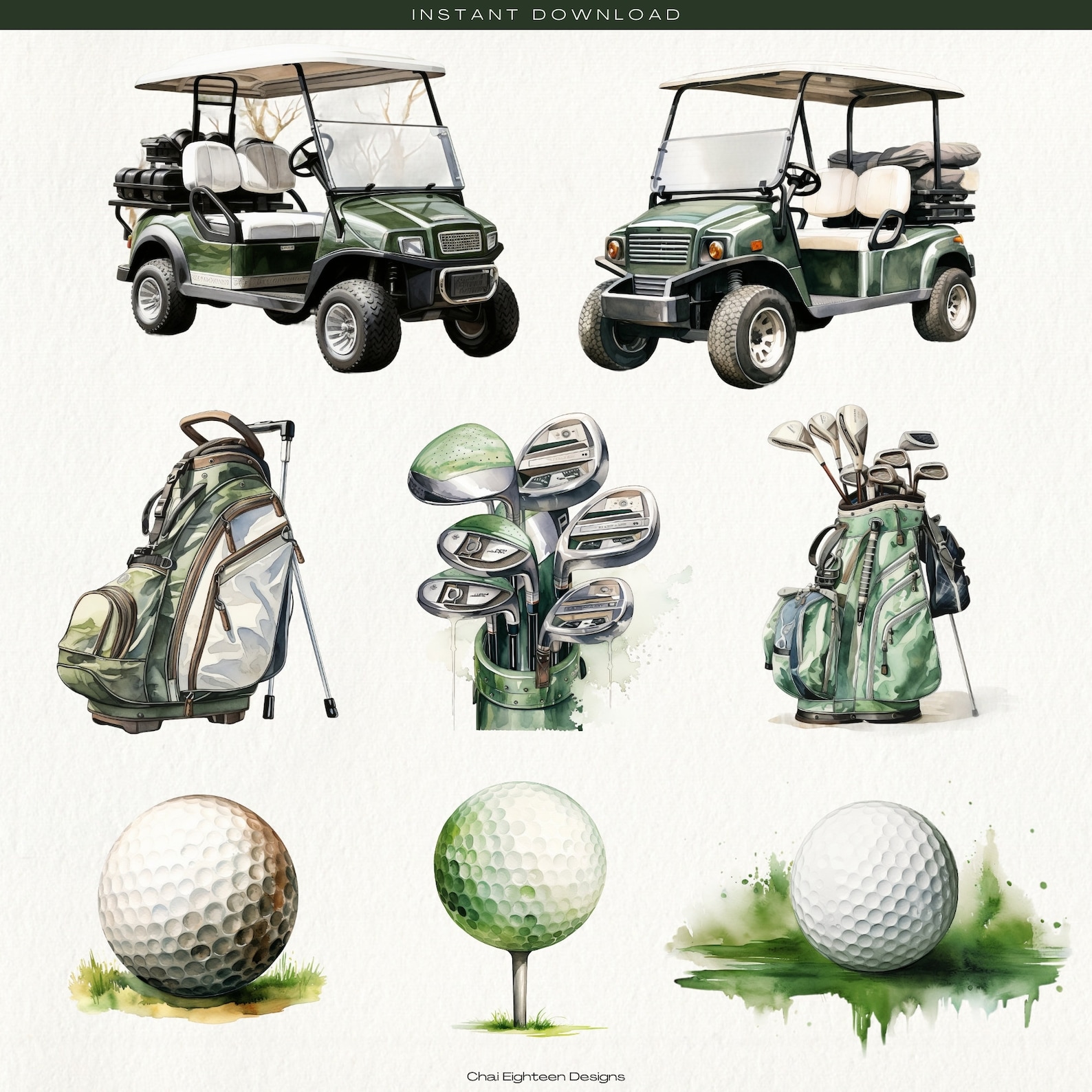 Watercolor Golf Clipart, Golf Cart PNG, Golf Club Clip Art, Golf ...