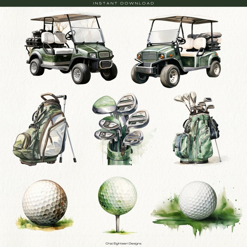 Watercolor Golf Clipart, Golf Cart PNG, Golf Club Clip Art, Golf ...