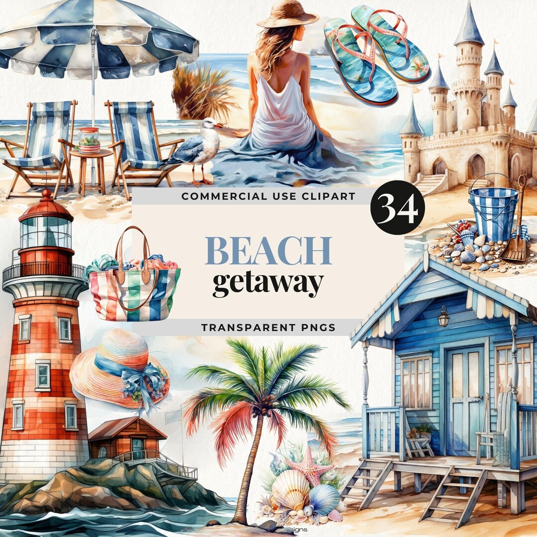 Preppy Beach Clipart, Watercolor Beach Day Collection, Vacation Images ...