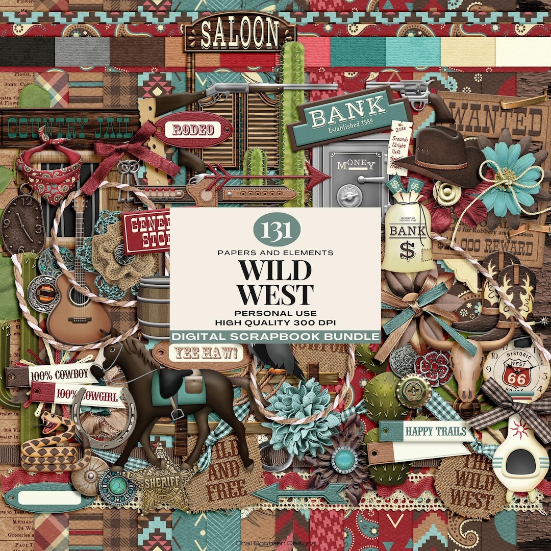 Digital Scrapbook Bundle: Rustic Wild West, Cowboy Theme, Western ...