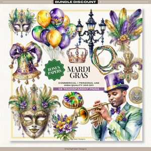 Mardi Gras Clipart and Paper Bundle, Festive Mask Clipart, New Orleans ...