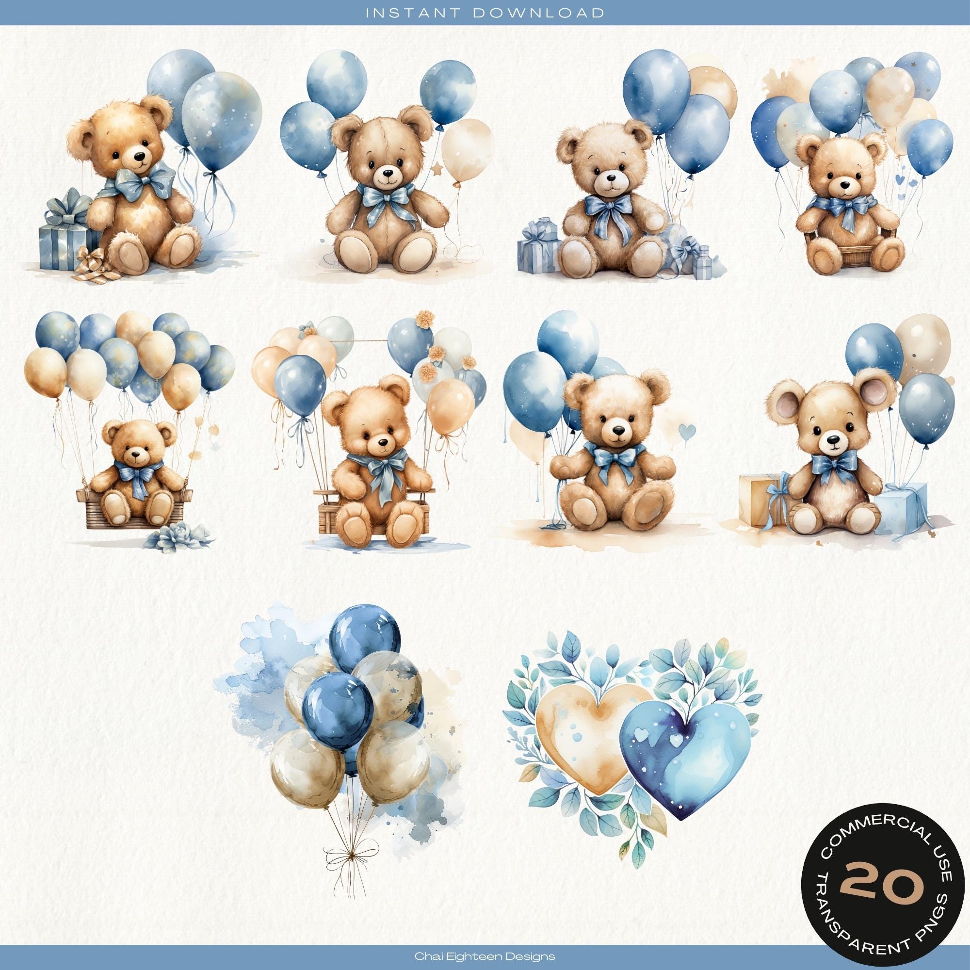 Bear and Blue Balloons Clipart, Nursery Teddy Bear Clip Art, Baby Bear ...