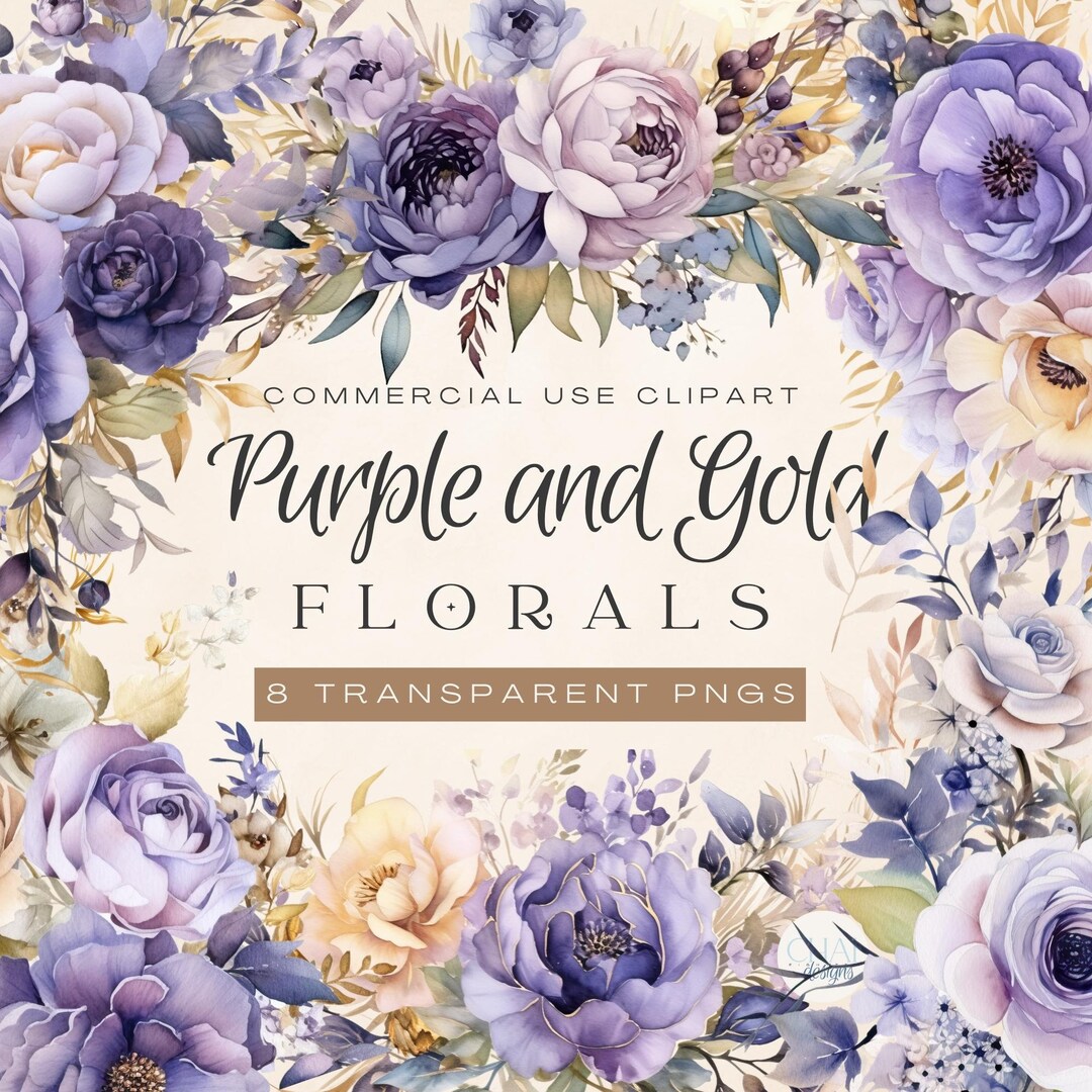 Purple Gold Floral Watercolour Clipart, Commercial Use, Transparent ...