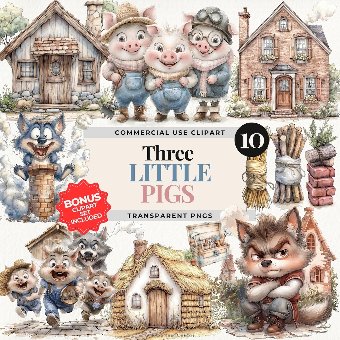 Three Little Pigs Clipart PNG, Watercolor Fairy Tales Digital Art ...