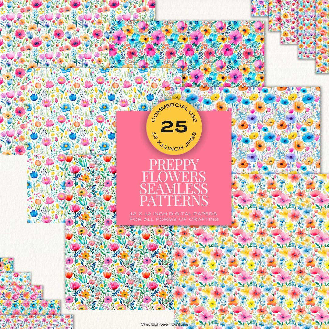 Preppy Floral Digital Paper, Watercolor Flower Seamless Pattern, Ditsy ...